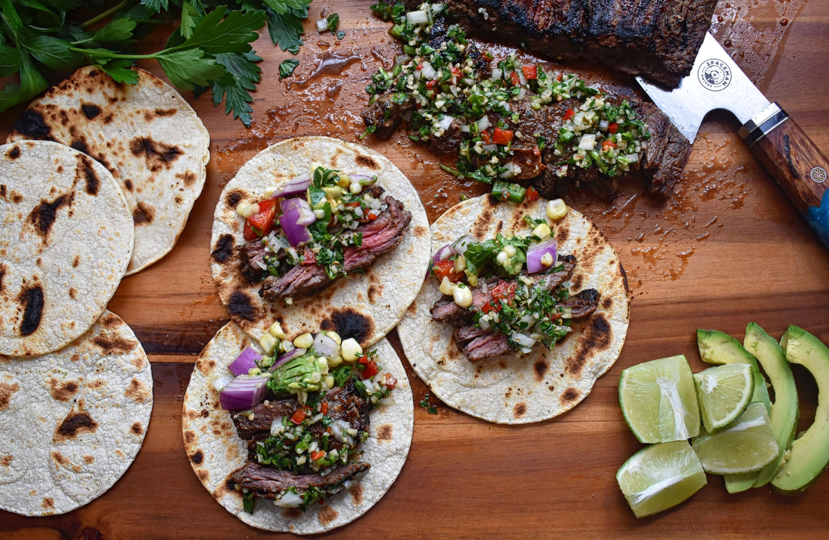 Grilled Skirt Steak Tacos Topped with Chimichurri – Spaceman Knives